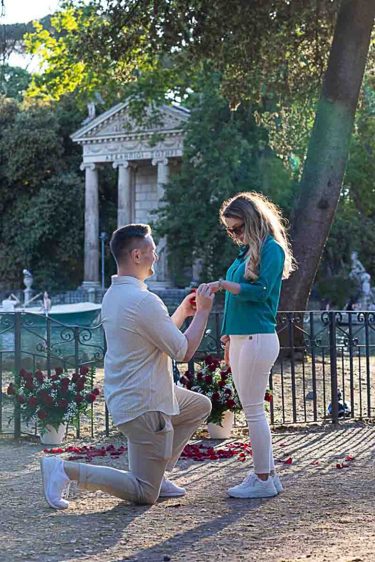 Sunset Proposal in Rome | Villa Borghese Engagement at Dusk